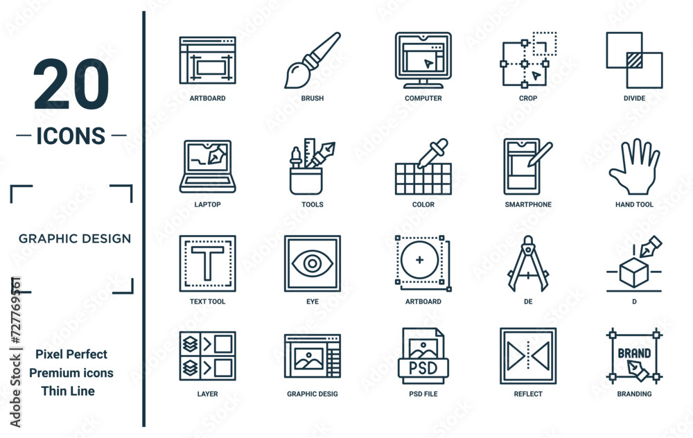 graphic design linear icon set. includes thin line artboard, laptop ...
