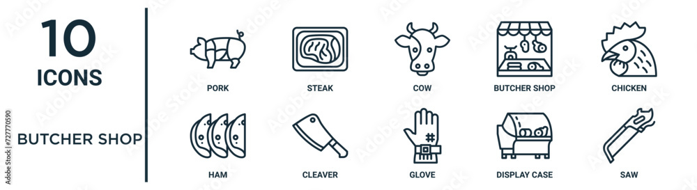 butcher shop outline icon set such as thin line pork, cow, chicken ...