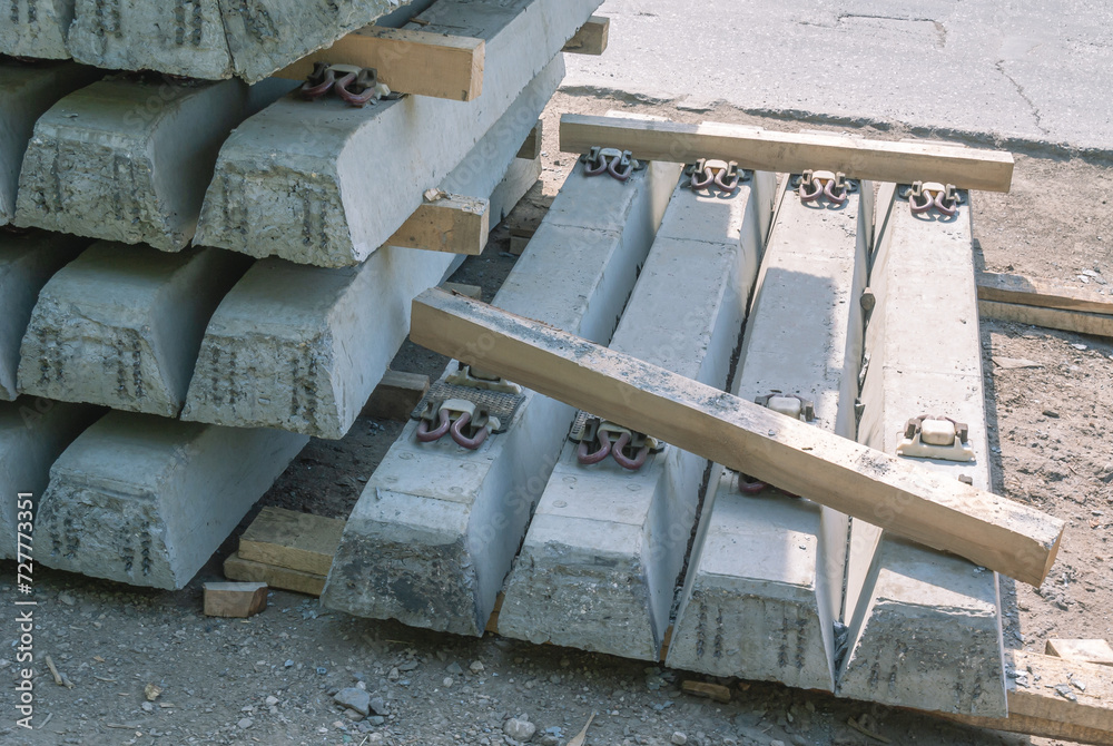 Concrete sleepers for laying rails. The railway sleeper is made of ...