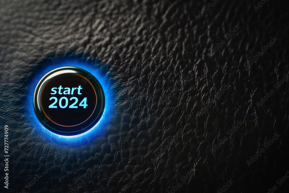 "start 2024" on button blue glow on black leather background. Stock ...