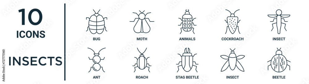 insects outline icon set such as thin line bug, animals, insect, roach ...