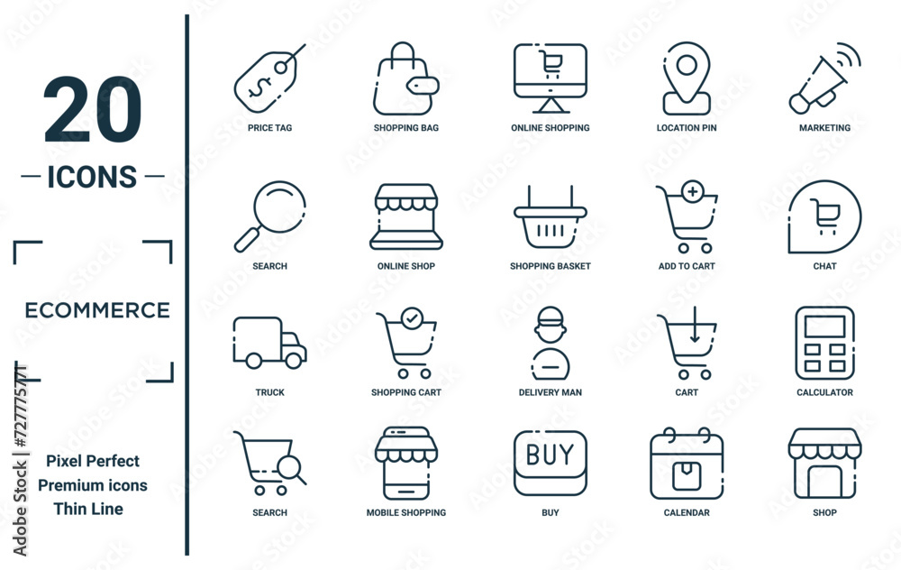 ecommerce linear icon set. includes thin line price tag, search, truck ... ecommerce linear icon set. includes thin line price tag, search, truck ...