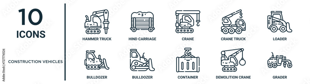 construction vehicles outline icon set such as thin line hammer truck ...
