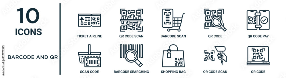 Vetor de barcode and qr outline icon set such as thin line ticket airline, barcode scan, qr code ...