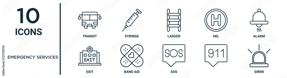 emergency services outline icon set such as thin line transit, ladder ...