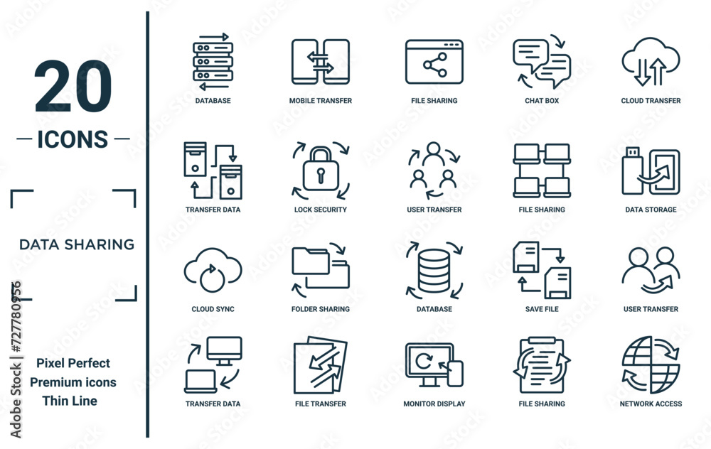 Vetor de data sharing linear icon set. includes thin line database ...