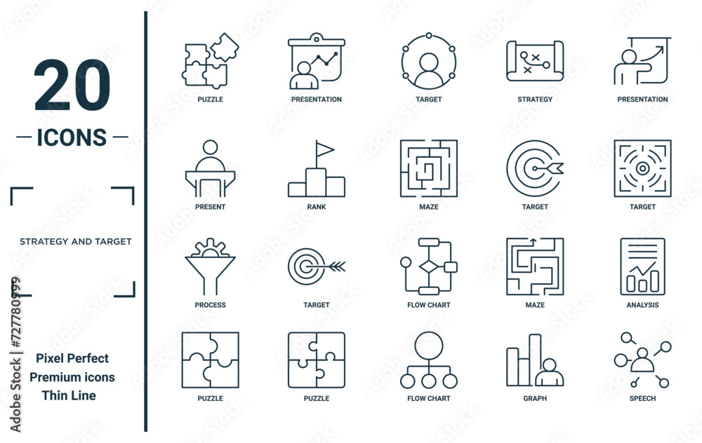 strategy and target linear icon set. includes thin line puzzle, present ...