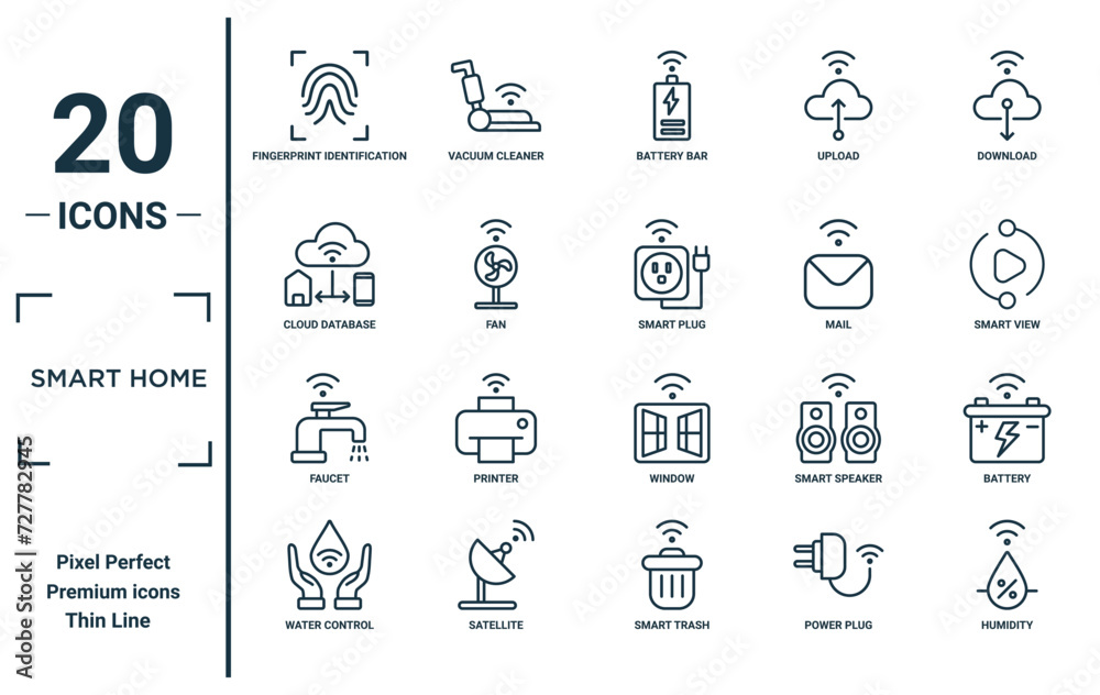 smart home linear icon set. includes thin line fingerprint identification, cloud database ...