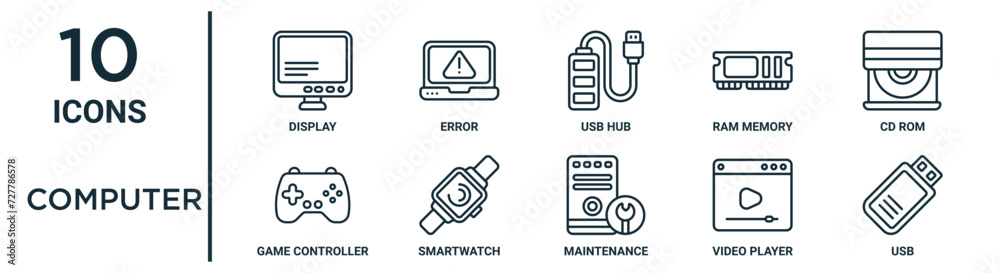 computer outline icon set such as thin line display, usb hub, cd rom ...