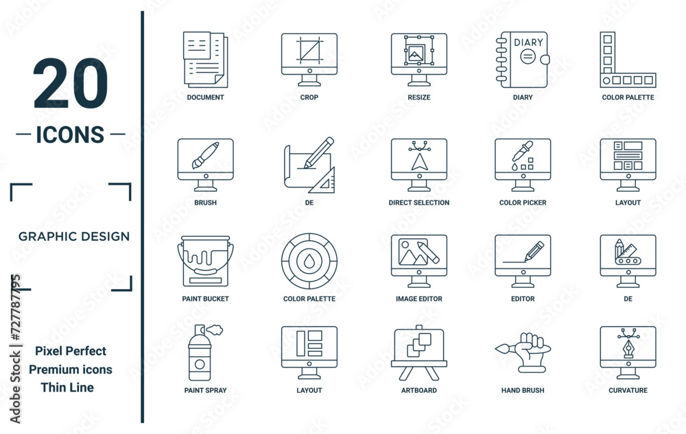 Vetor de graphic design linear icon set. includes thin line document, brush, paint bucket, paint ...