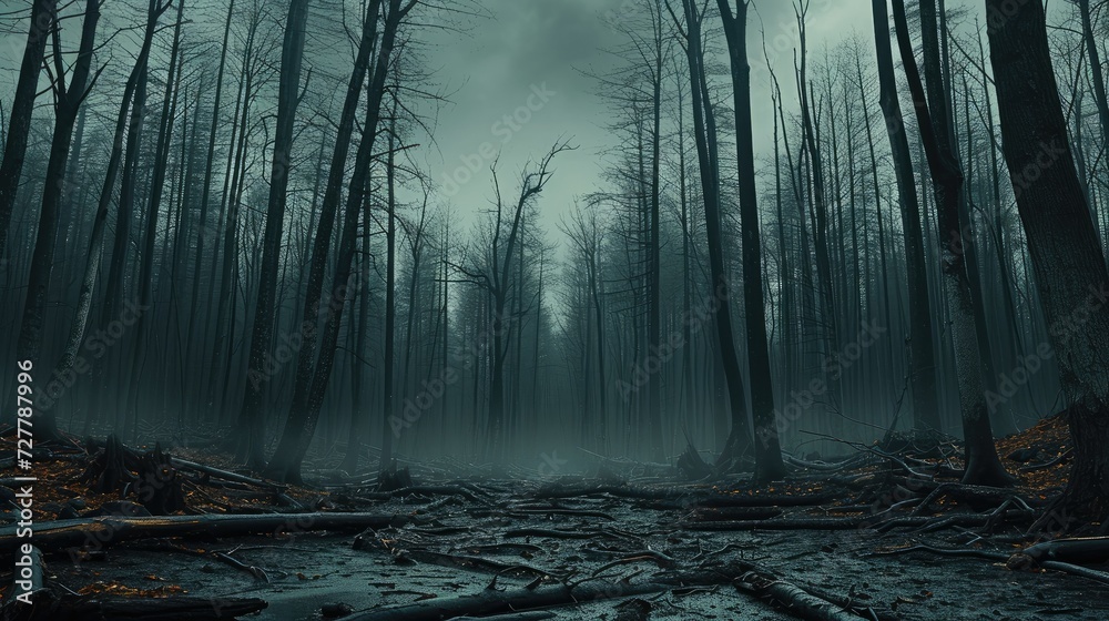 Dark desolate forest with dead trees, Broken braces, Scary. Generative ...