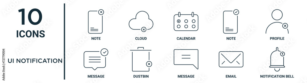 ui notification outline icon set such as thin line note, calendar ...