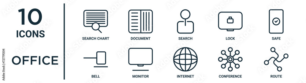 office outline icon set such as thin line search chart, search, safe ...