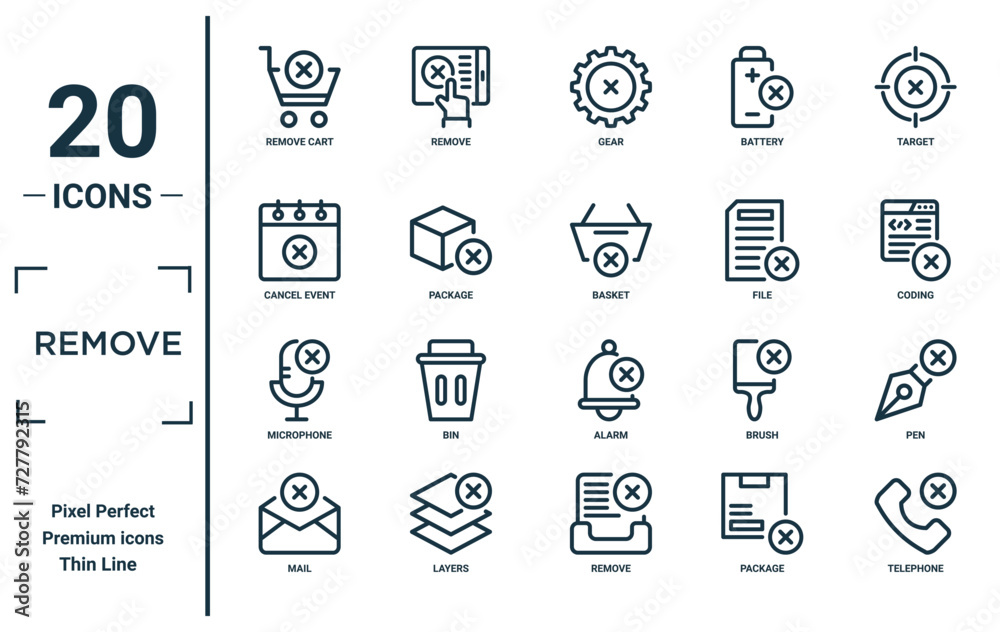 Vecteur Stock remove linear icon set. includes thin line remove cart, cancel event, microphone ...