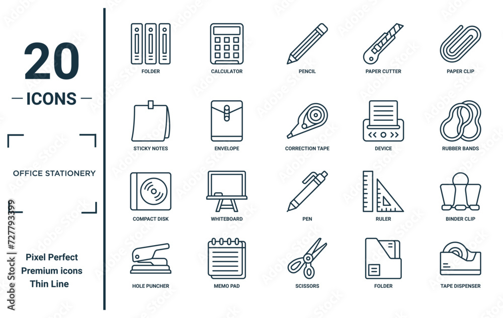 office stationery linear icon set. includes thin line folder, sticky ...