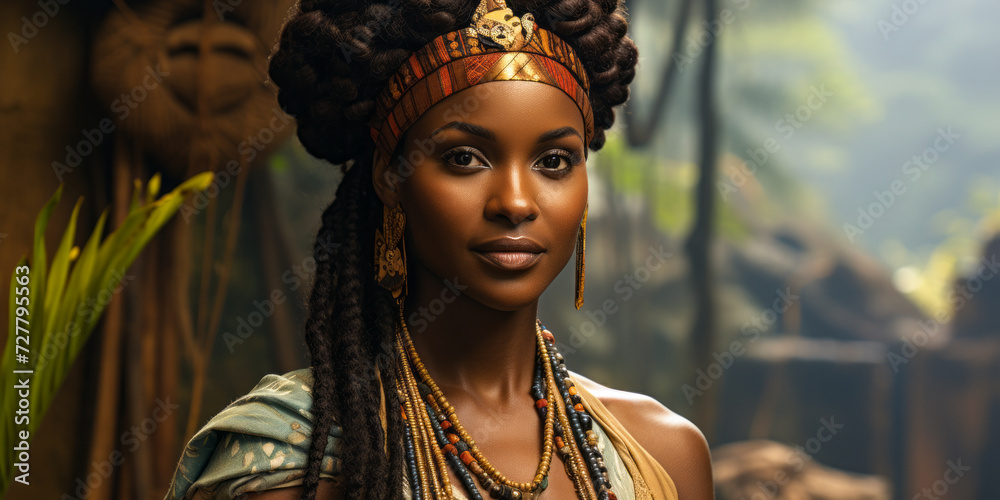Regal African woman in traditional attire standing with a poised gaze ...