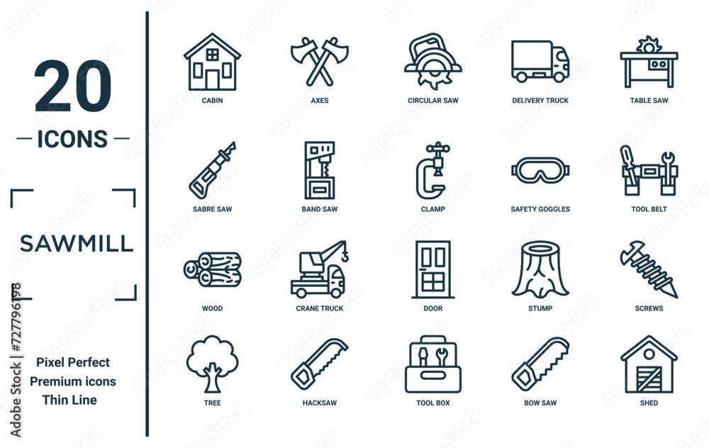 sawmill linear icon set. includes thin line cabin, sabre saw, wood ...