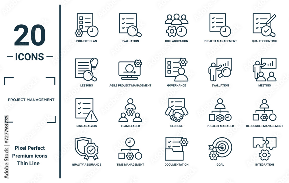 project management linear icon set. includes thin line project plan ...