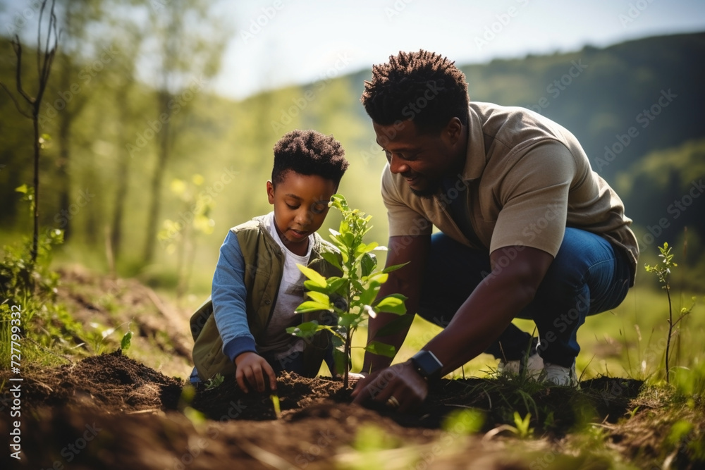 Father and son planting a tree in the park, little boy helping his ...