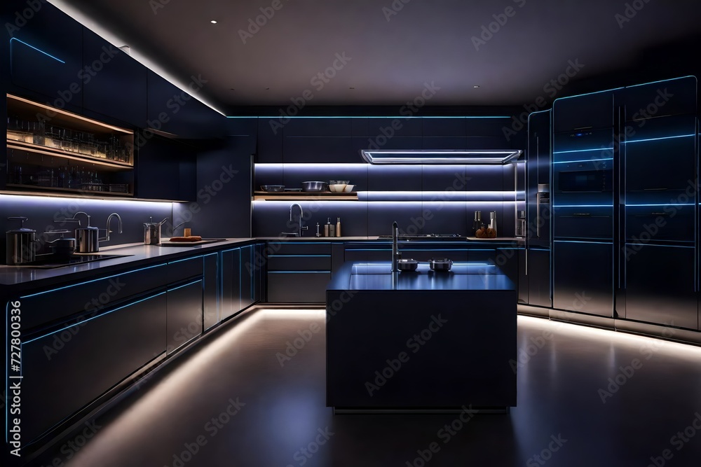 A sleek and futuristic kitchen with a hidden pantry, touch-sensitive ...
