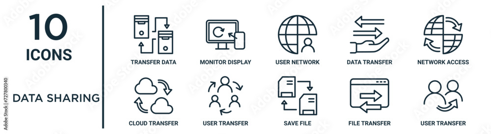 data sharing outline icon set such as thin line transfer data, user network, network access ...