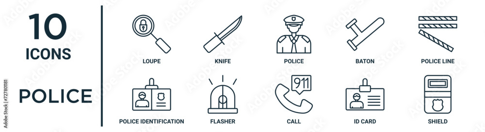 Vetor de police outline icon set such as thin line loupe, police ...