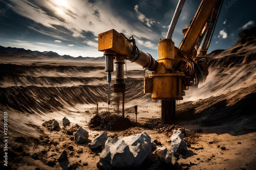 Foto de A dynamic shot of a drilling rig in action, with rock fragments ...