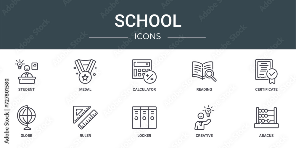 set of 10 outline web school icons such as student, medal, calculator ...