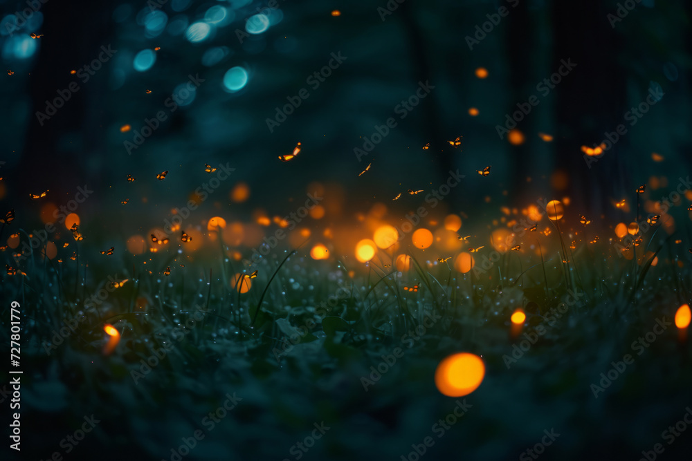 Fireflies flying in the dark, Glowing bugs in night forest Stock Photo ...