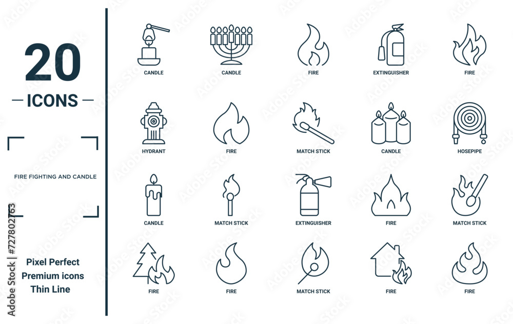 fire fighting and candle linear icon set. includes thin line candle ...