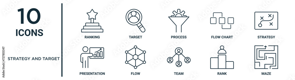 Vetor de strategy and target outline icon set such as thin line ranking ...