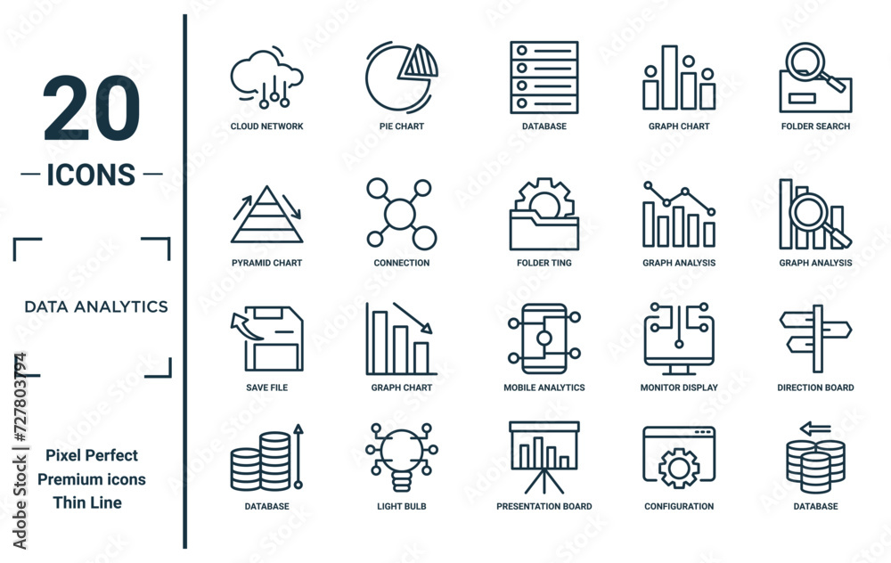 data analytics linear icon set. includes thin line cloud network, pyramid chart, save file ...