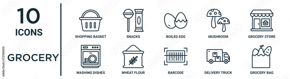 grocery outline icon set such as thin line shopping basket, boiled egg ...