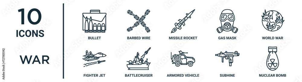war outline icon set such as thin line bullet, missile rocket, world ...
