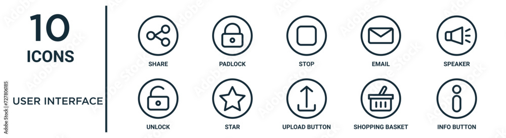 Vetor de user interface outline icon set such as thin line share, stop, speaker, star, shopping ...