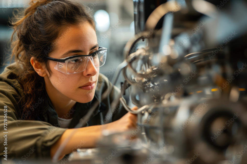 Proud and confident American female aerospace engineer working on an ...