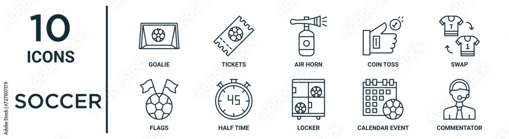 soccer outline icon set such as thin line goalie, air horn, swap, half ...