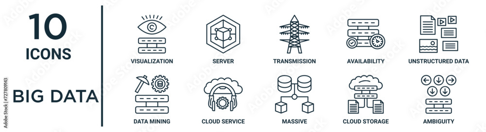 big data outline icon set such as thin line visualization, transmission, unstructured data ...