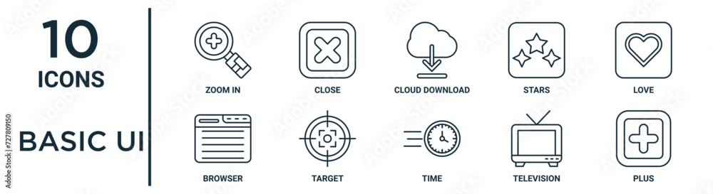 basic ui outline icon set such as thin line zoom in, cloud download, love, target, television ...