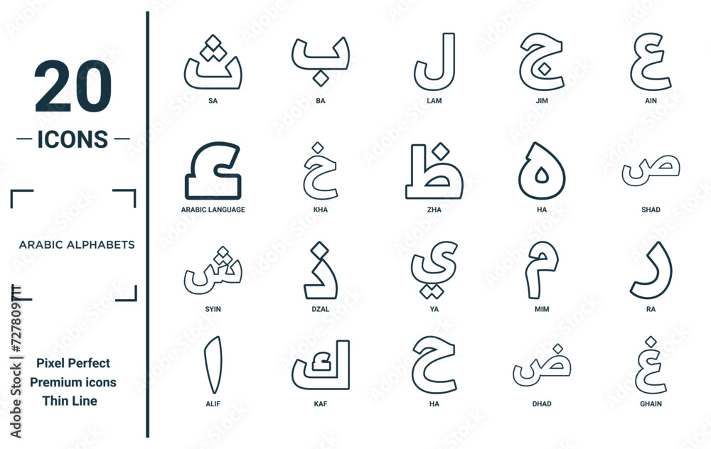 Vecteur Stock arabic alphabets linear icon set. includes thin line sa ...