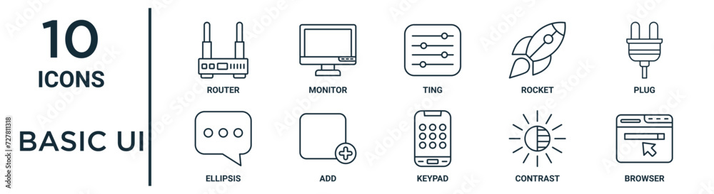 Vecteur Stock basic ui outline icon set such as thin line router, ting ...
