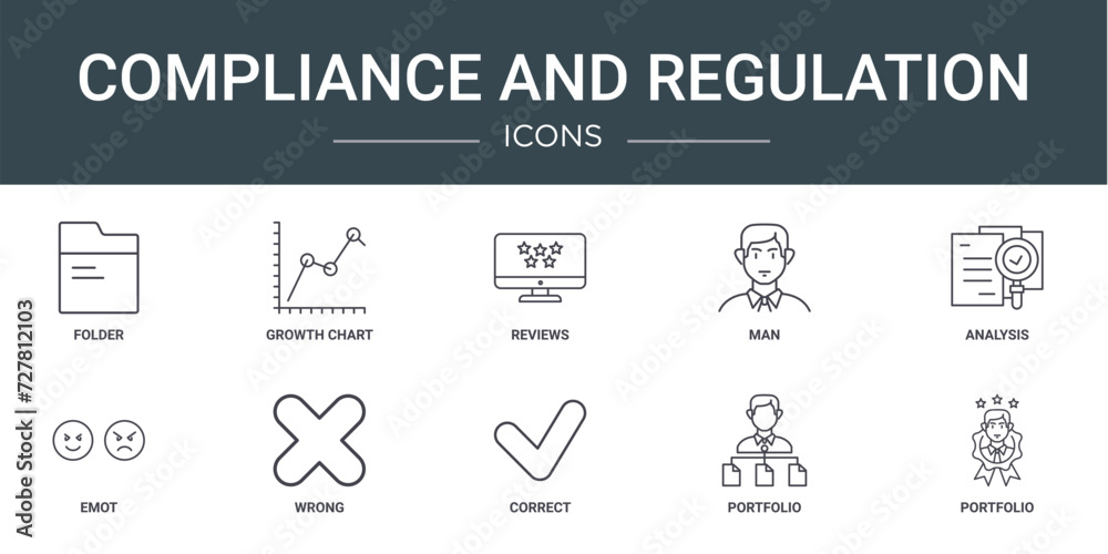 set of 10 outline web compliance and regulation icons such as folder, growth chart, reviews, man ...