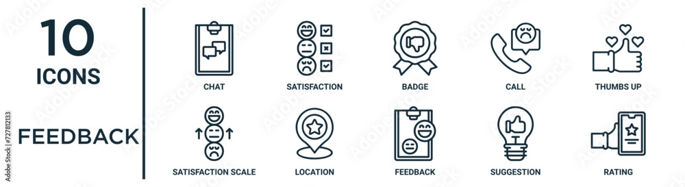 Vetor de feedback outline icon set such as thin line chat, badge ...