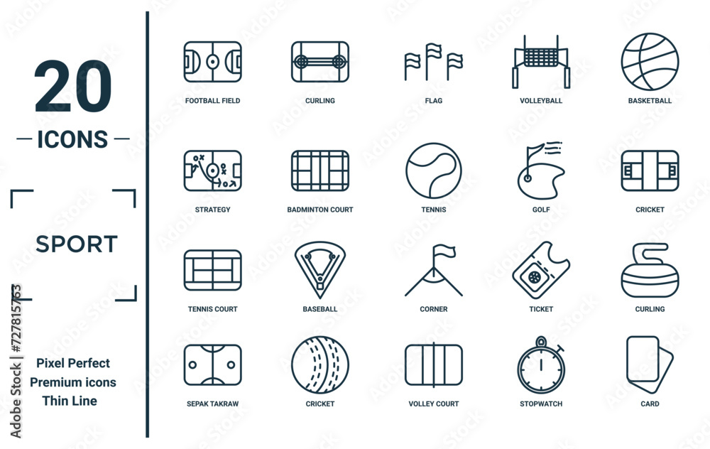 sport linear icon set. includes thin line football field, strategy ...