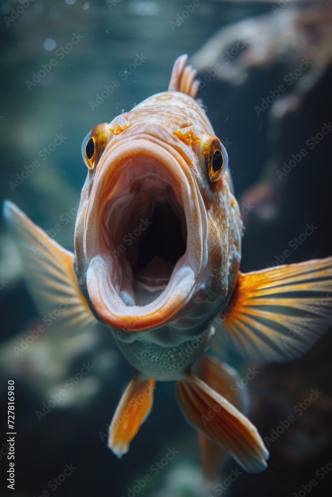 A detailed close-up shot of a fish with its mouth wide open. This image ...