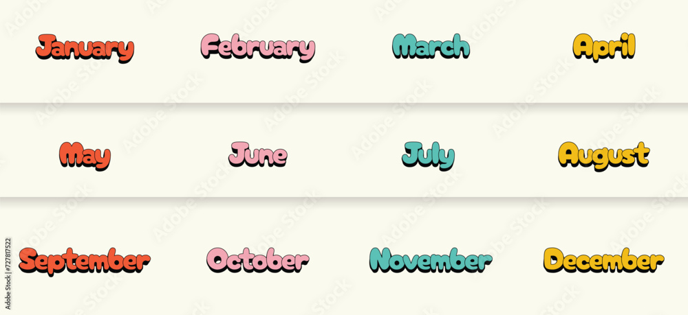 cute style name of months calendar letter, monthly calendar text set ...