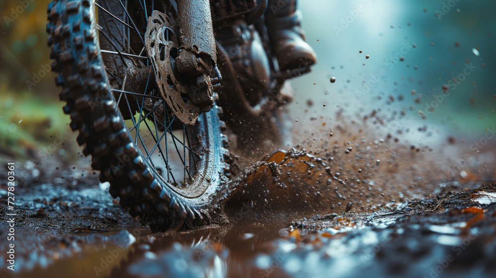 The off-road bike wheel, covered in mud, spun rapidly as the off-road ...