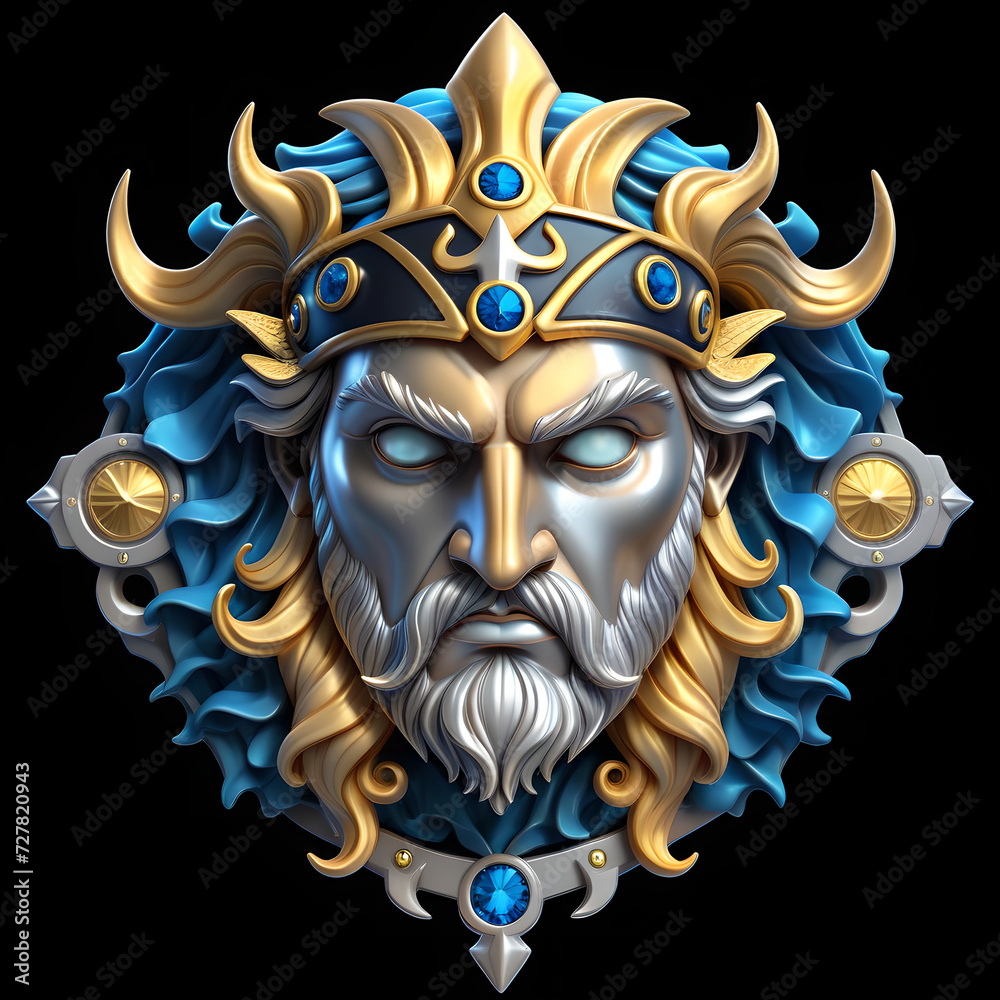 A gold and blue gems Poseidon head metal emblem. 3D style artifact ...