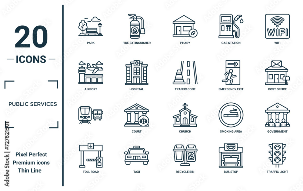 public services linear icon set. includes thin line park, airport ...