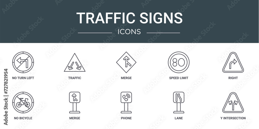 set of 10 outline web traffic signs icons such as no turn left, traffic ...